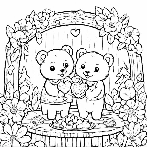 Download Two Bears Holding Hearts in a Floral Setting Coloring pages ...