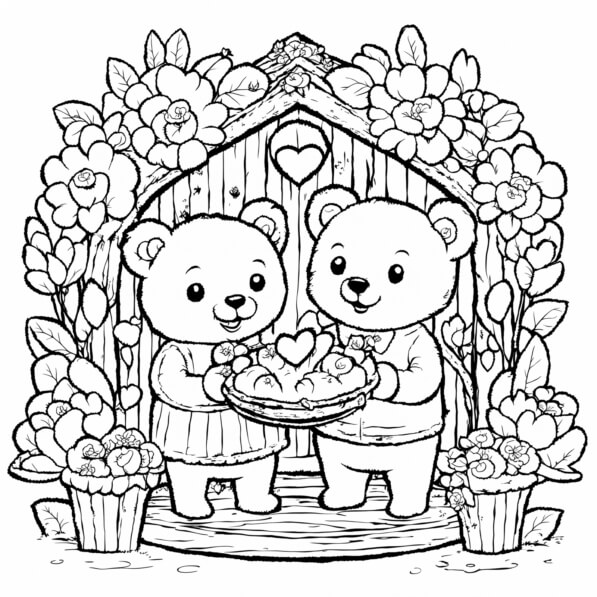 Download Two Bears Holding a Pie in a Floral Setting Coloring pages ...