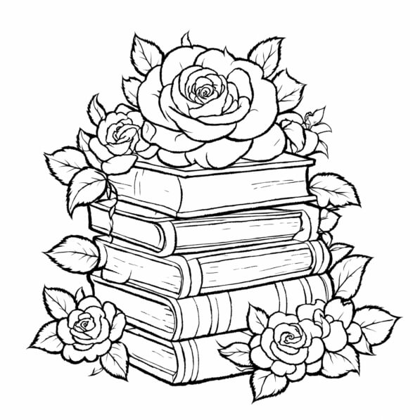 Download Stack of Books with Roses Coloring pages Online - Creative Fabrica