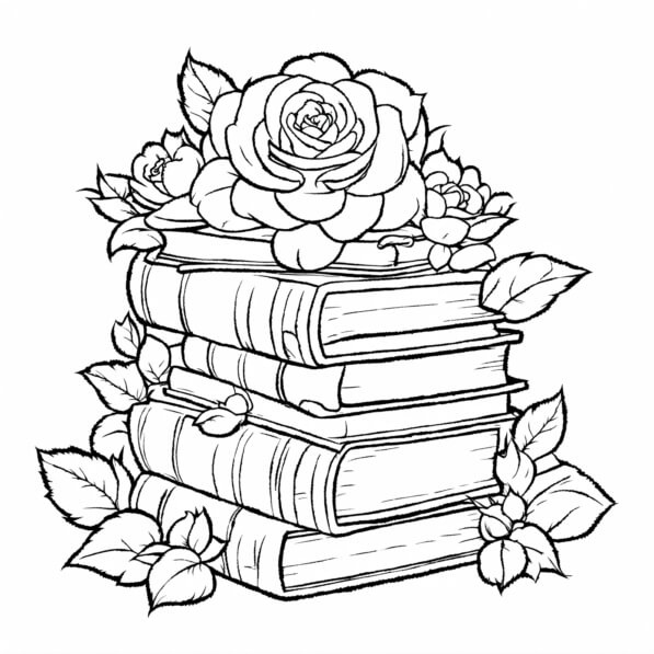 Download Stack of Books with Roses Coloring pages Online - Creative Fabrica