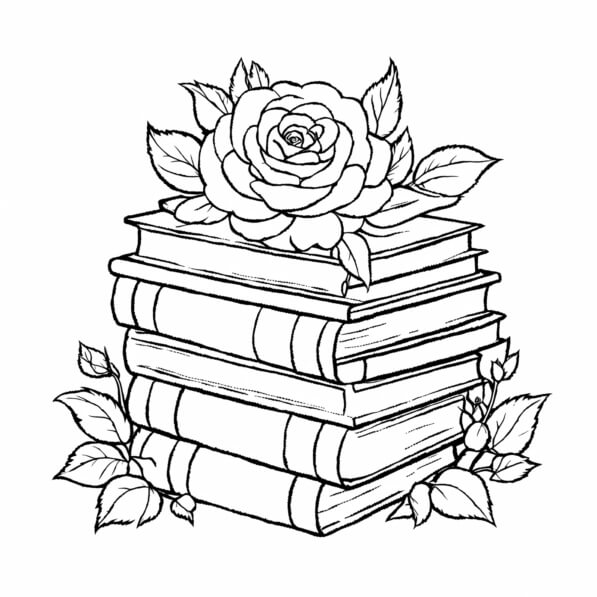 Download Stack of Books with Rose Coloring pages Online - Creative Fabrica