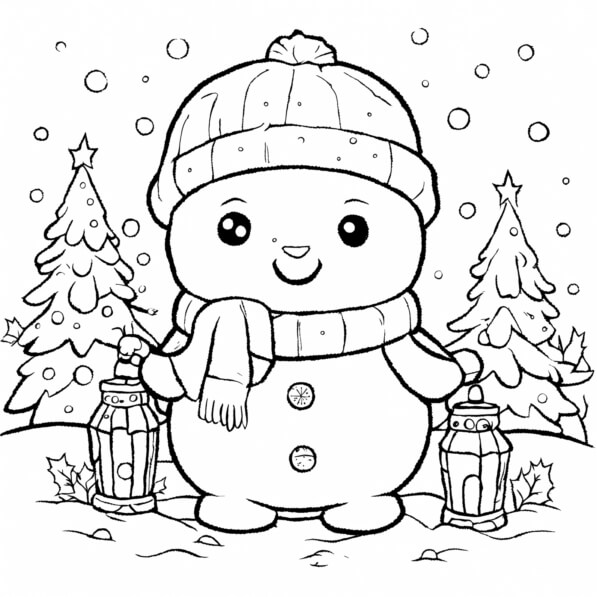 Download Cheerful Snowman with Lanterns in a Winter Landscape Coloring ...