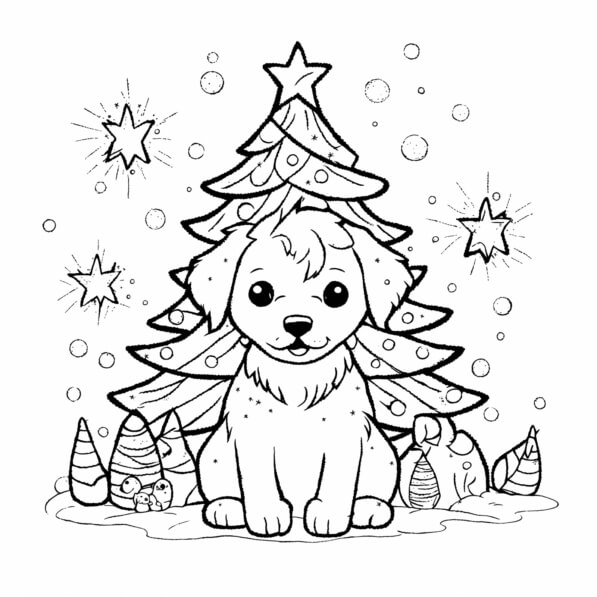 Download Puppy and Christmas Tree Coloring pages Online - Creative Fabrica