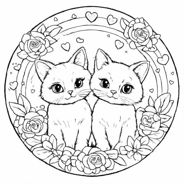 Download Cute cats surrounded by flowers and a rainbow Coloring pages ...