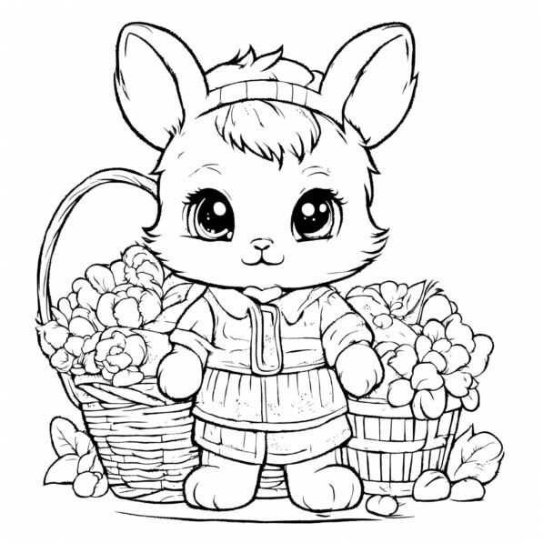 Download Cute Cartoon Bunny with Flower Baskets Coloring pages Online ...