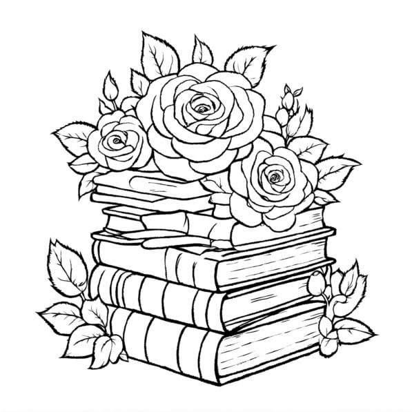 Download Stack of Books with Roses Coloring pages Online - Creative Fabrica