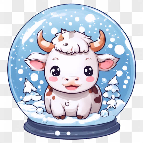 Download Kawaii Cartoon Cow in a Snow Globe with Winter Landscape ...