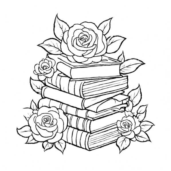 Télécharger Pile de livres entourée de roses Pages de coloriage En ...