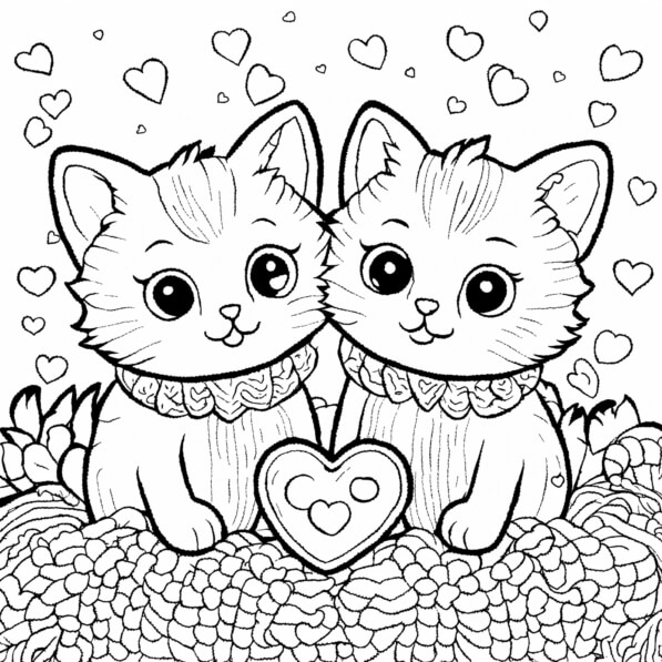 Télécharger Deux adorables chatons avec des cœurs Pages de coloriage En ...