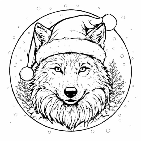 Download Wolf in Santa Hat Coloring pages Online - Creative Fabrica