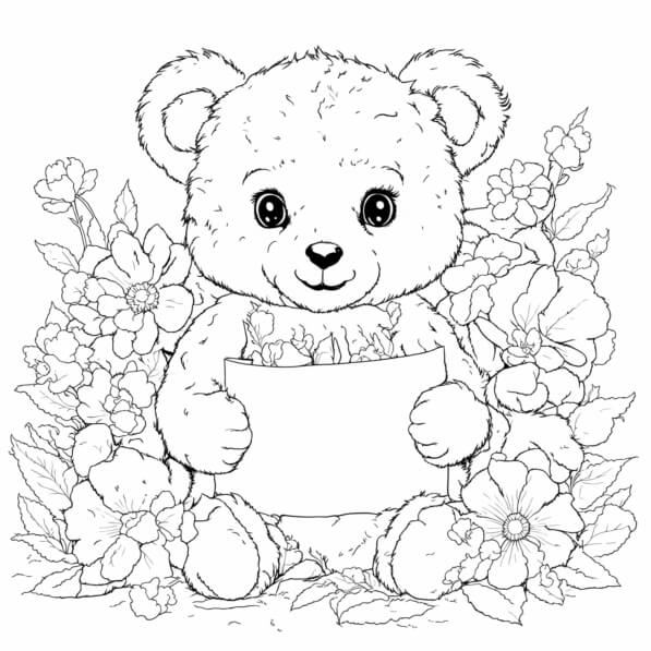 Download Cute Teddy Bear Surrounded by Flowers Coloring pages Online ...