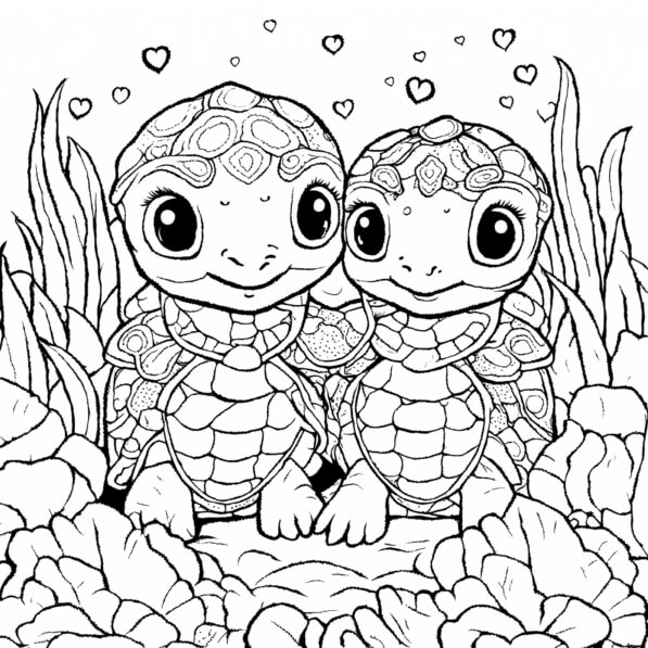 Download Cute Cartoon Turtles in Love Coloring pages Online - Creative ...