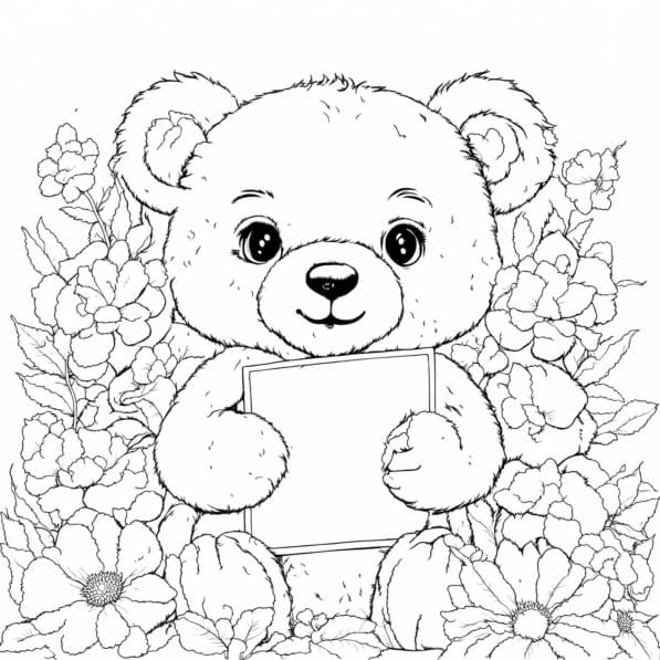 Download Cute Bear with Flowers Coloring Page Coloring pages Online ...