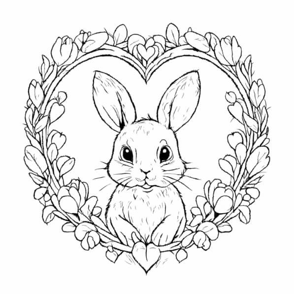 Download Cute Rabbit in Floral Heart Wreath Coloring pages Online ...