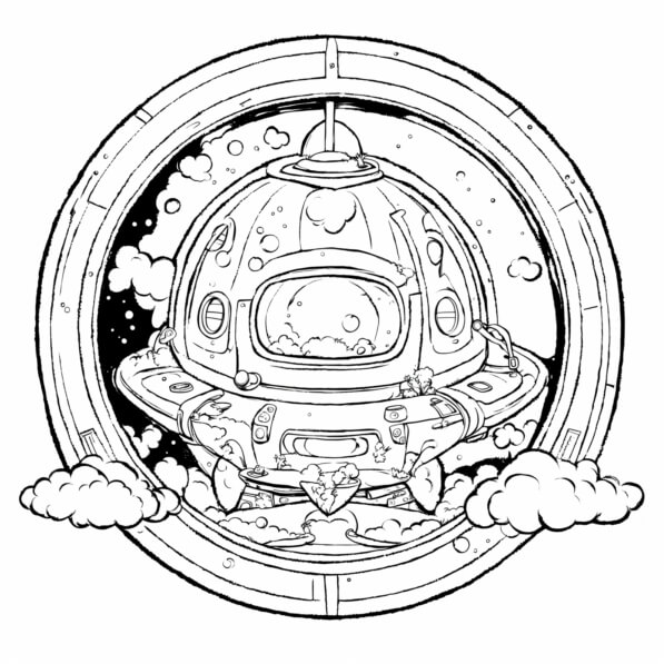 Download Whimsical Spaceship in Space with Clouds Coloring pages Online ...