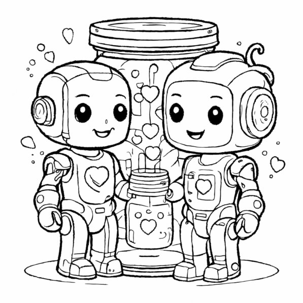 Download Two Robots with Hearts Coloring pages Online - Creative Fabrica