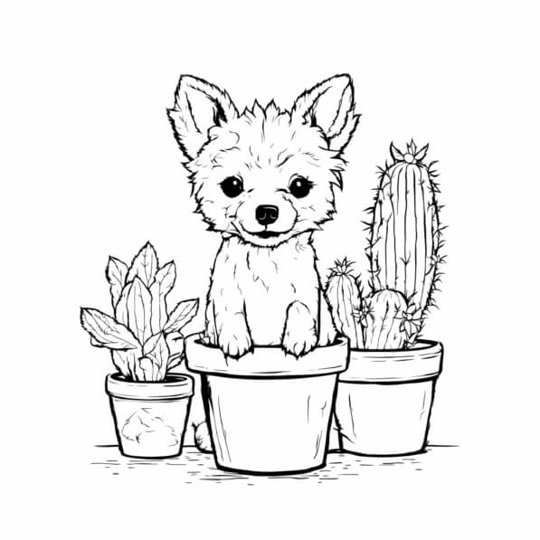 Download Cute Dog in a Flower Pot Surrounded by Plants Coloring pages ...