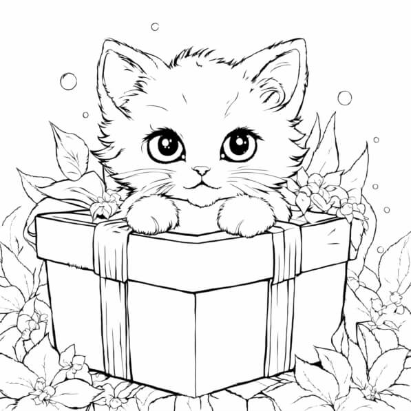 Download Kitten in a Gift Box Coloring pages Online - Creative Fabrica