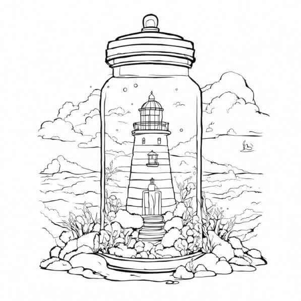 Download Lighthouse in a Jar Coloring pages Online - Creative Fabrica