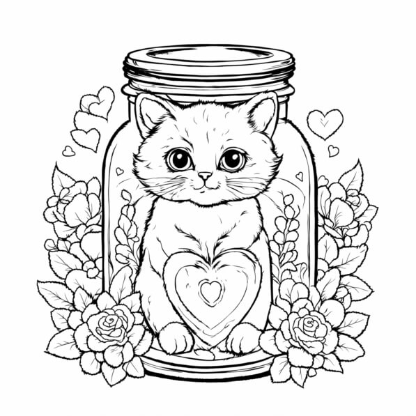 Download Cute Cat in a Jar with Flowers and Hearts Coloring pages ...