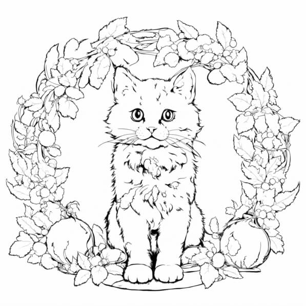 Download Cute Cat Surrounded by Floral Elements Coloring pages Online ...