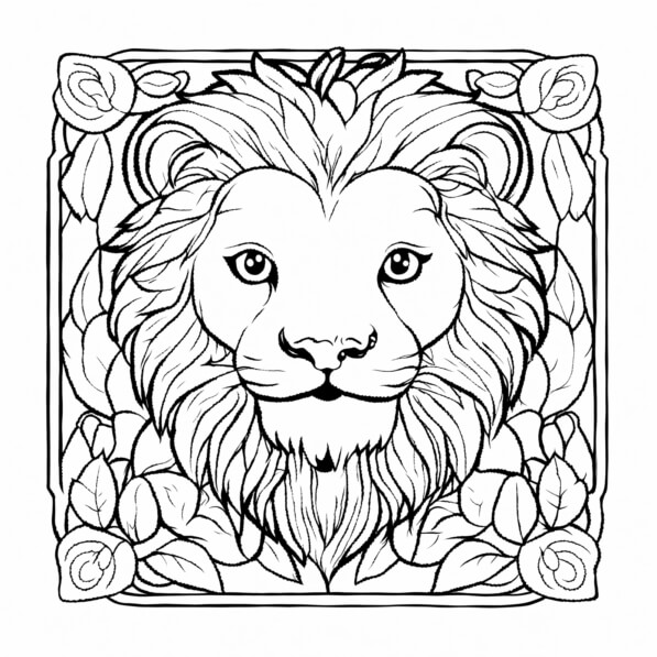 Descarga Arte lineal de león con rosas Páginas para colorear En Línea ...