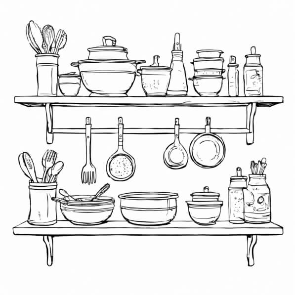 Descarga Ilustración de estante de cocina con utensilios y recipientes ...