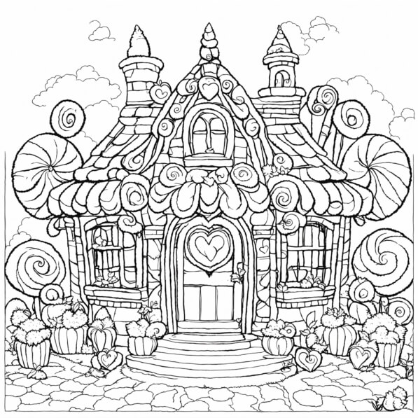 Download Whimsical Candy House Coloring pages Online - Creative Fabrica