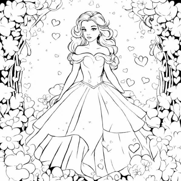 Download Princess with Floral and Heart Decorations Coloring pages ...