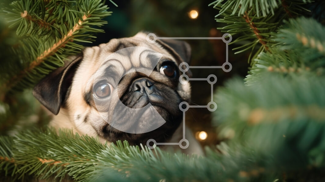 Descarga Pug perro entre ramas de pino Fotos de Archivo En Línea ...