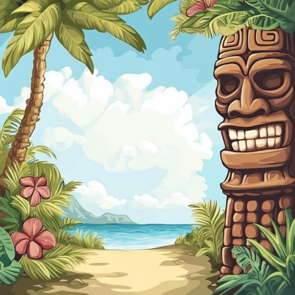 Download Tropical Landscape with Tiki Statue and Beach Backgrounds ...