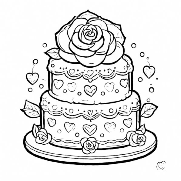 Download Decorative Two-Tiered Cake with Rose Coloring pages Online ...