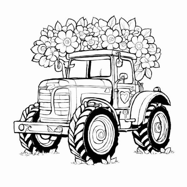 Download Whimsical Flower Tractor Coloring pages Online - Creative Fabrica