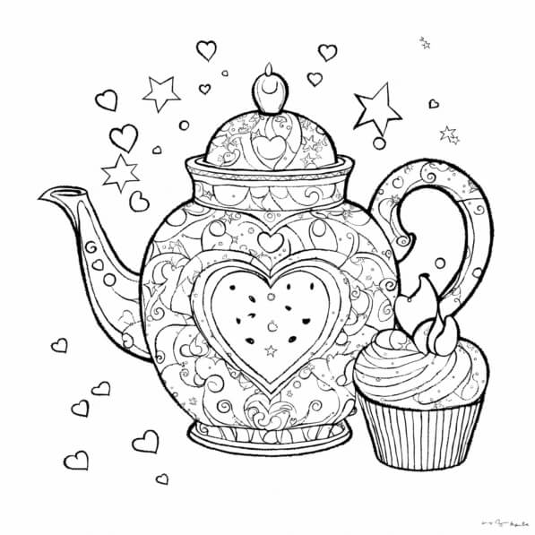 Download Whimsical Teapot and Cupcake Illustration Coloring pages ...
