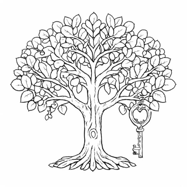 Download Intricate Tree Illustration with Heart-shaped Key Coloring ...