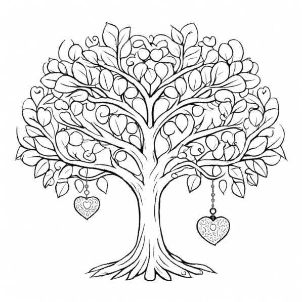 Download Intricate Illustrated Tree with Heart Pendants Coloring pages ...