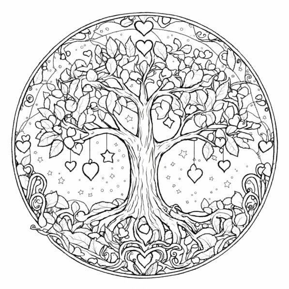 Download Intricate Line Drawing of a Heart Tree Coloring pages Online ...