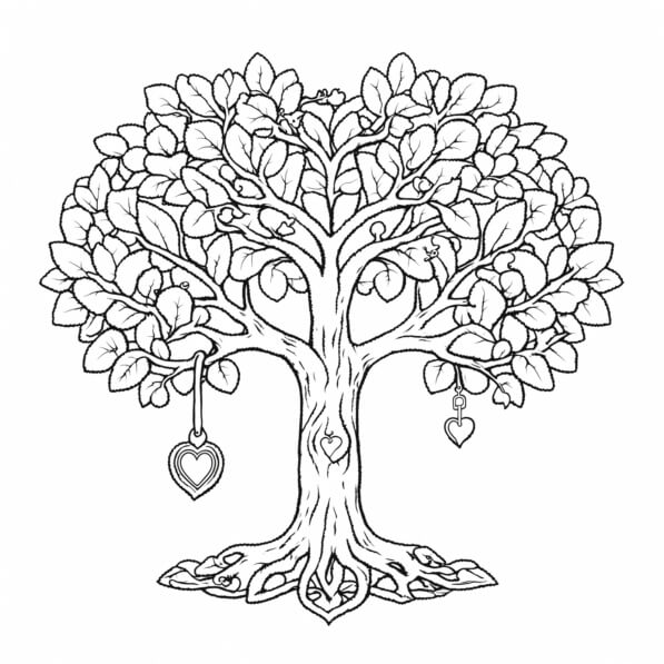 Download Intricate Tree Illustration with Heart Ornaments Coloring ...