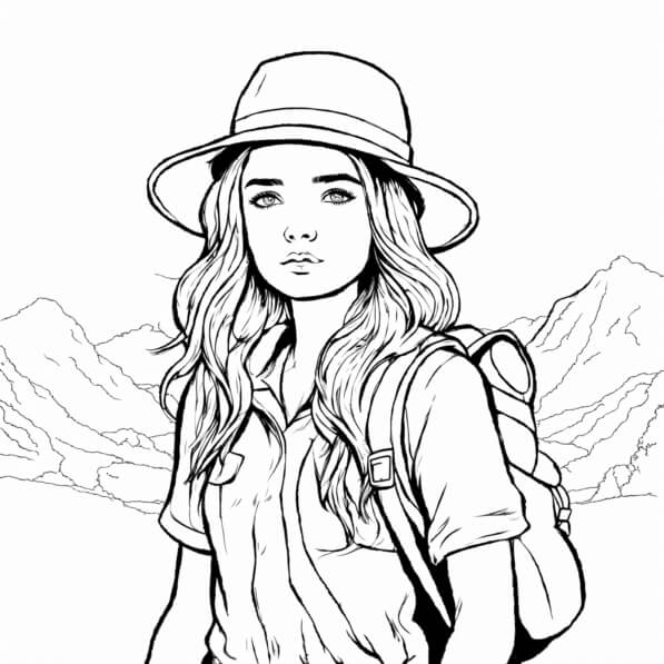 Download Young Woman Explorer with Mountains Coloring pages Online ...