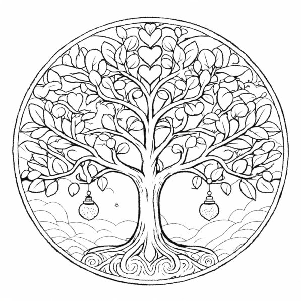 Download Intricate Tree Illustration with Heart-Shaped Leaves Coloring ...