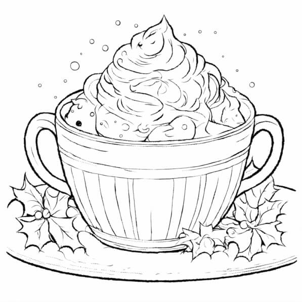 Download Cup of Whipped Cream with Holly Leaves Coloring pages Online ...