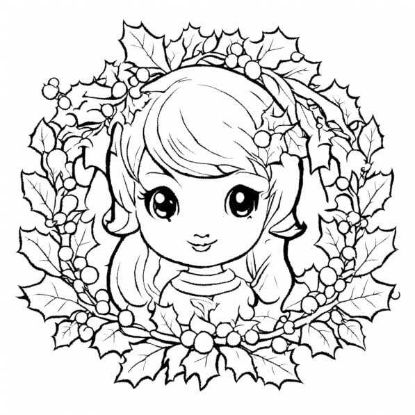 Download Cute Cartoon Girl in Holly Wreath Coloring pages Online ...