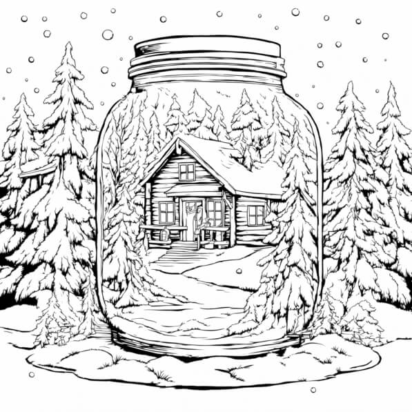 Download Cozy Cabin in a Jar with Snowy Landscape Coloring pages Online ...