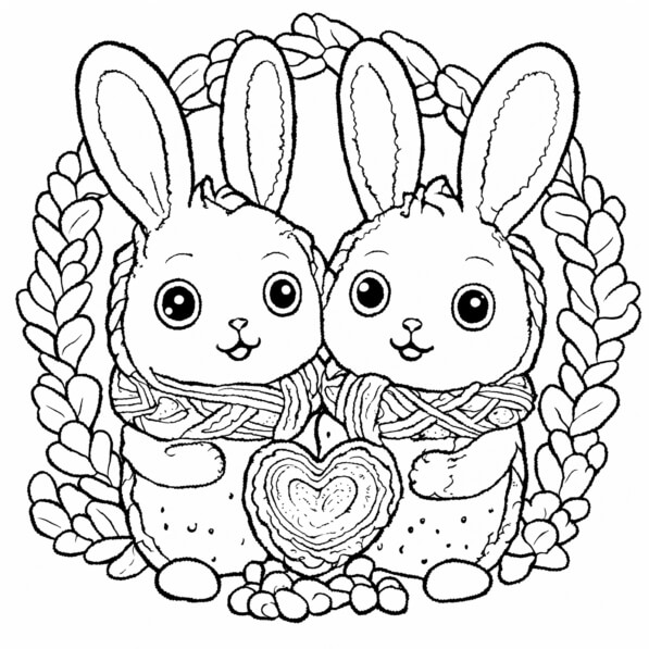 Download Two Cute Cartoon Rabbits with Yarn Heart Coloring pages Online ...