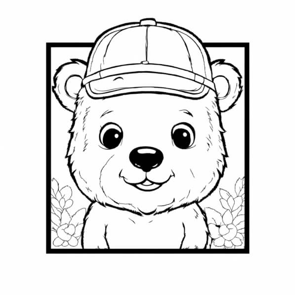 Download Cartoon Bear with Cap Coloring pages Online - Creative Fabrica
