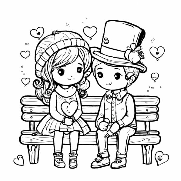 Download Cute Couple Sitting on a Bench Coloring pages Online ...