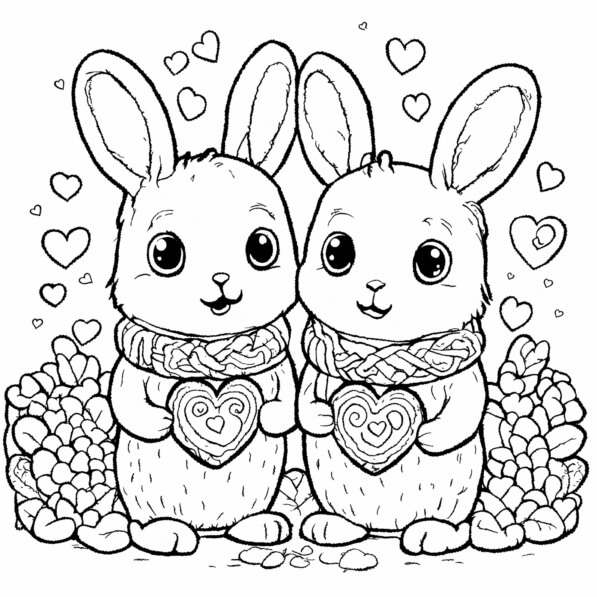 Download Two Cute Rabbits Holding Heart Cookies Coloring pages Online ...