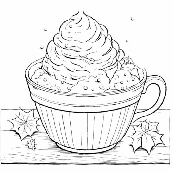 Download Cup of Whipped Cream with Leaves Coloring pages Online ...