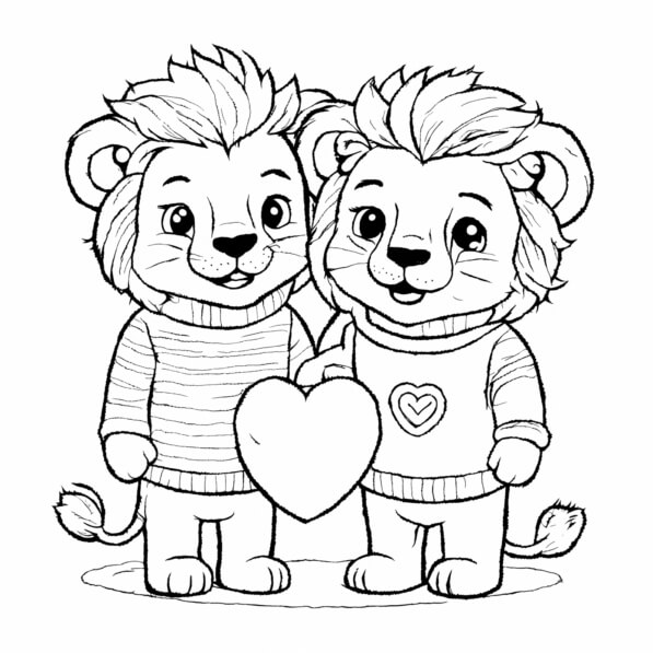 Download Cute Cartoon Lions Holding a Heart Coloring pages Online ...