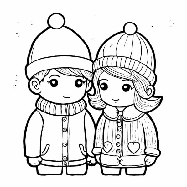 Télécharger Deux enfants en vêtements d'hiver Pages de coloriage En ...